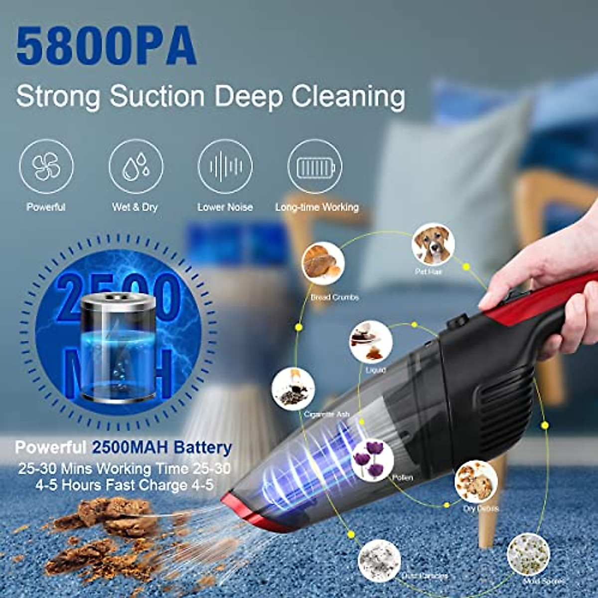 aienvh Handheld Vacuum Cordless,5800Pa Dust Busters Cordless Rechargeable,Hand Held Vacuum Cleaner Portable Handheld Sweeper Lightweight Wet Dry car Vacuum for Car Home Pet Office