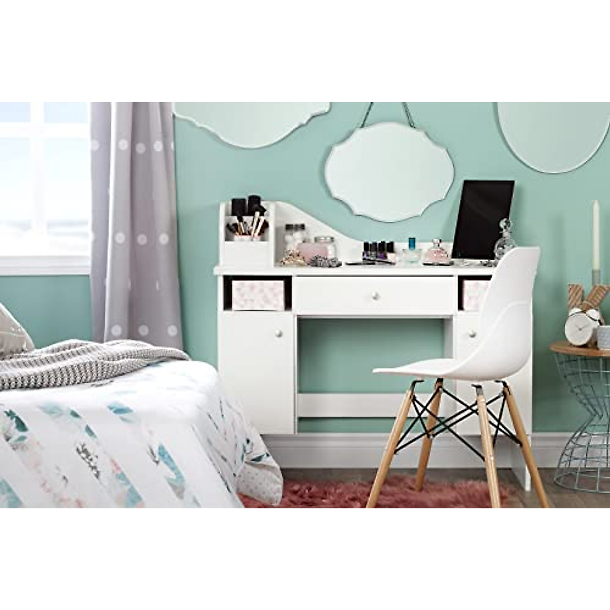 South Shore Make-up Dressing Table with 2 Doors and Storage Baskets, Pure White