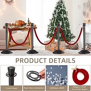 HABUTWAY Stanchion Posts with Velvet Ropes, Set of 6 Pieces Stanchion Queue Rope Barriers, Crowd Control Stanchion, Sand/Stone Injection Hollow Base Red Carpet Ropes and Poles, Easy Connect Assembly