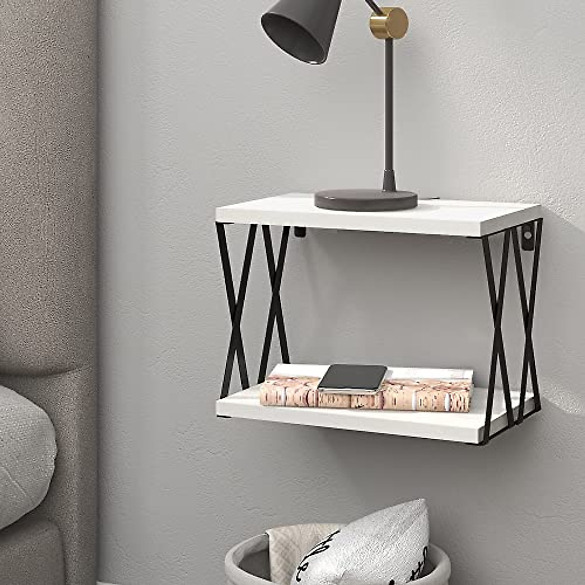 Afuly Bedside Table Wall Mounted, 2 Tier Rustic Wood Floating Nightstand for Bedroom Decor Storage, Black Wall Bedside Shelf for Home Livingroom Bathroom Kitchen Decorative