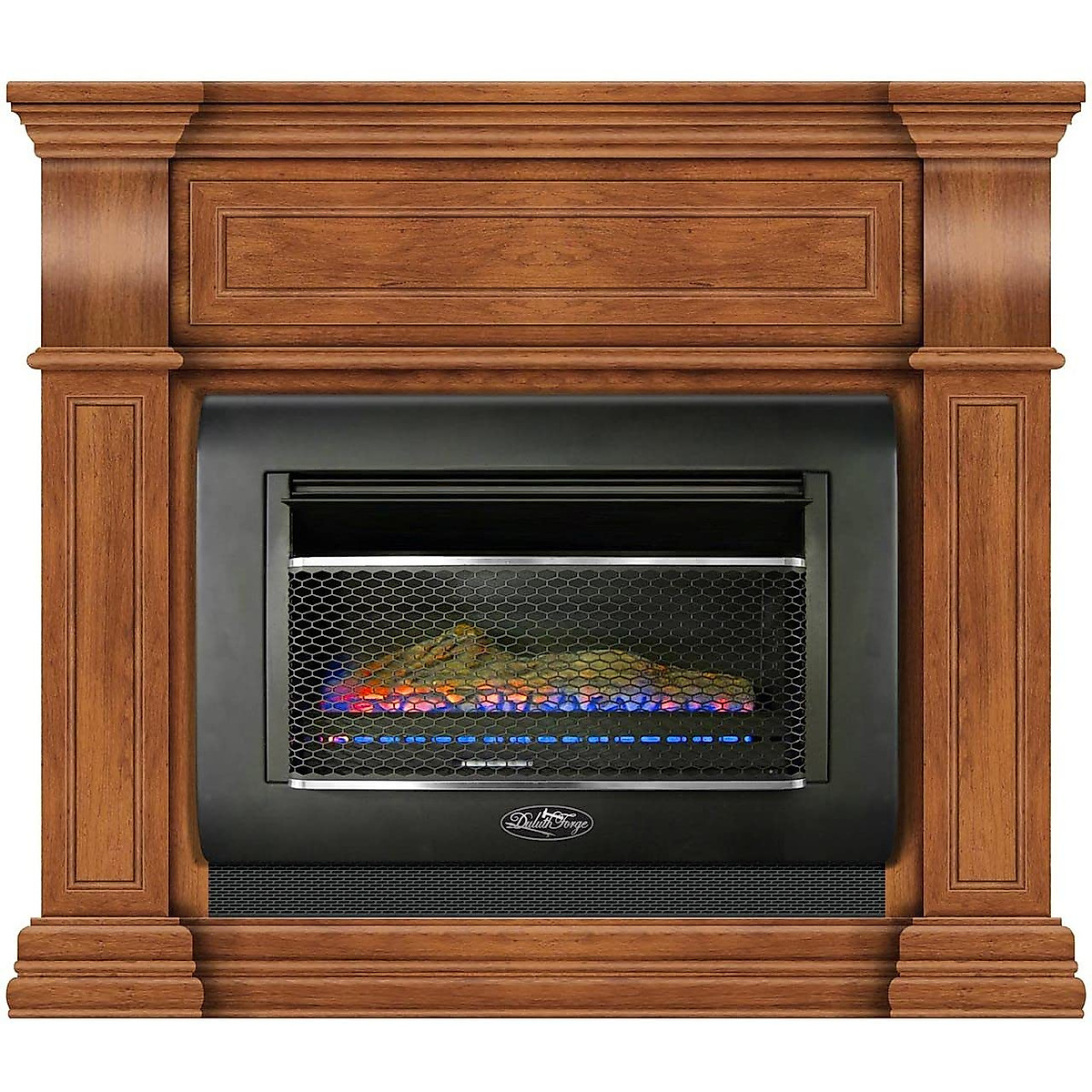 Duluth Forge Dual Fuel Ventless Gas Fireplace System with Mantle, Thermostat Control, 1 Fire Logs, Use with Natural Gas or Liquid Propane, 26000 BTU, Heats up to 1400 Sq. Ft., Toasted Almond Finish