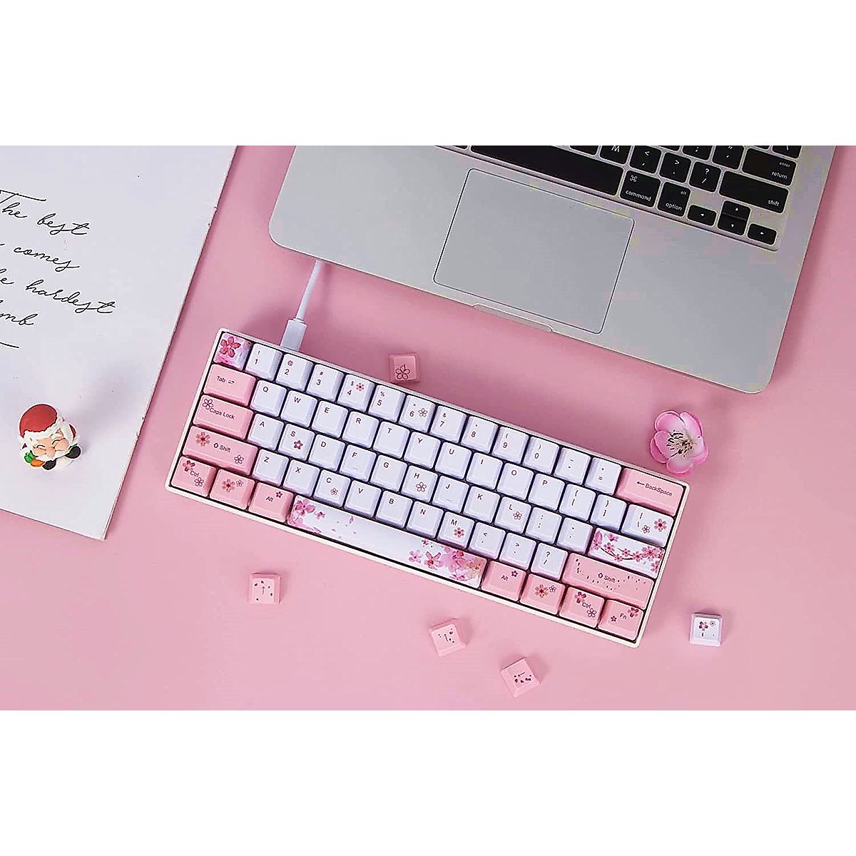 ZMX Cherry Blossom 61 Mechanical Keyboard,Hot Swappable 60％Compact Mechanical 5.0Bluetooth/Type-C Wired Dual-Mode RGB Backlit Dye-Sublimation PBT Keycap Gaming Keyboard(Black Switch, Pink)