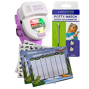 Potty Time:The Original Potty Watch|Water Resistant,Toilet Training Aid,Warranty(30|60|90 Min Auto Timers w/Music & Flashing Lights for Fun & Gentle Reminders)Purple, Pond Sticker Chart & Battery Kit