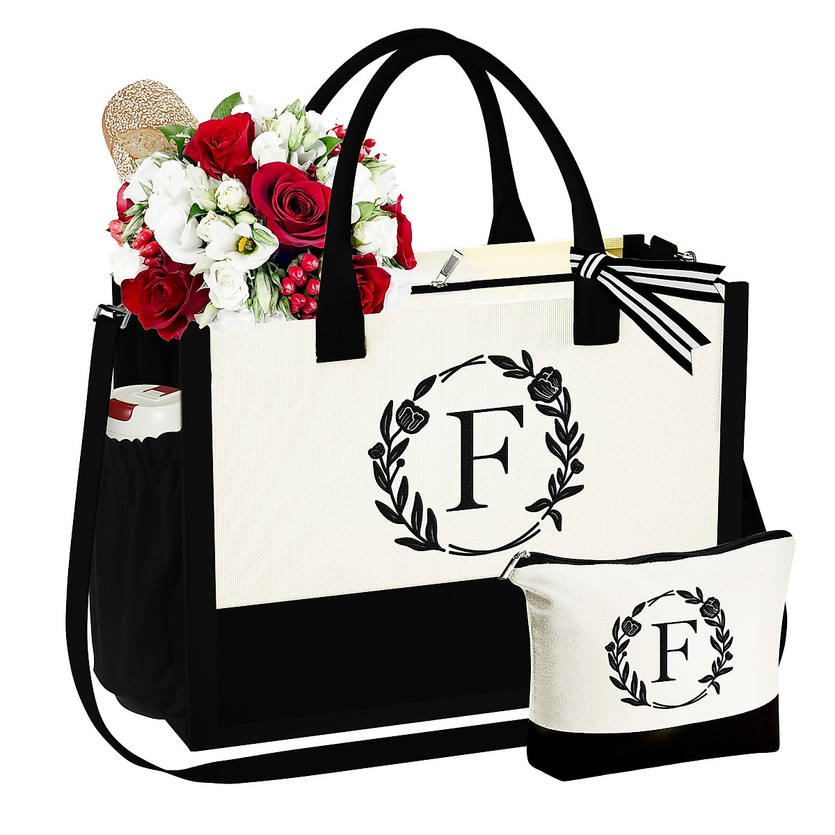 YOOLIFE Bridesmaid Proposal Gifts for Women, Retirement Mom Teacher Gifts Initial Tote Bag Beach Makeup Bags for Women Personalized Wedding Bridesmaid Girlfriend Aunt Birthday Gifts for Women Letter F