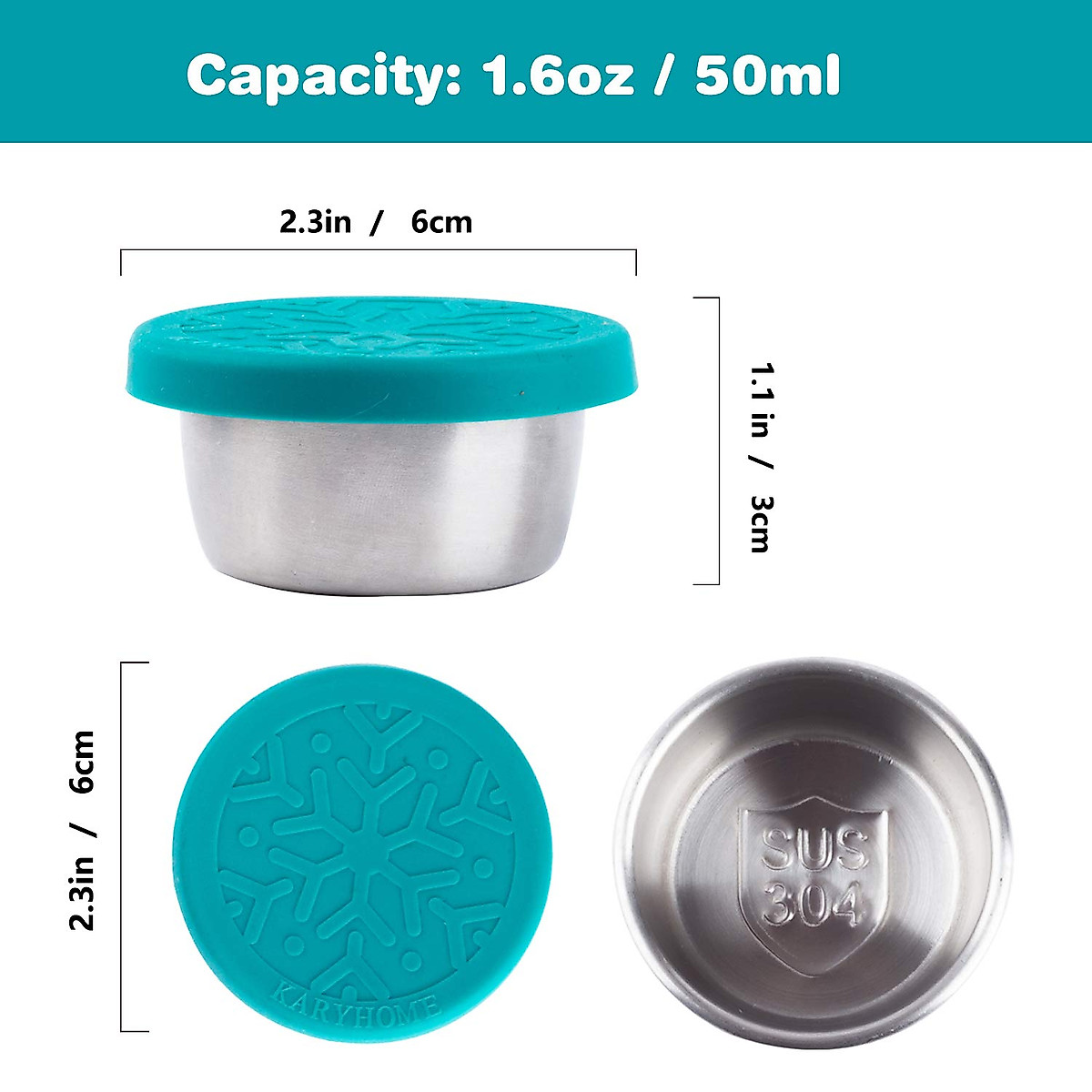 Salad Dressing Container To Go, 4x1.6oz Stainless Steel Condiment Containers with Lids, Premium Silicone, Leakproof and Reusable Small Containers with Lids