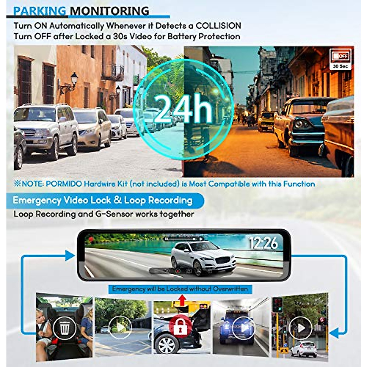PORMIDO Triple Mirror Dash Cam 12" with Detached Front and in-Car Camera,Waterproof Backup Rear View Dashcam Anti Glare 1296P IPS Touch Screen with Sony Sensor,Starvis Night Vision,GPS,Parking Assist