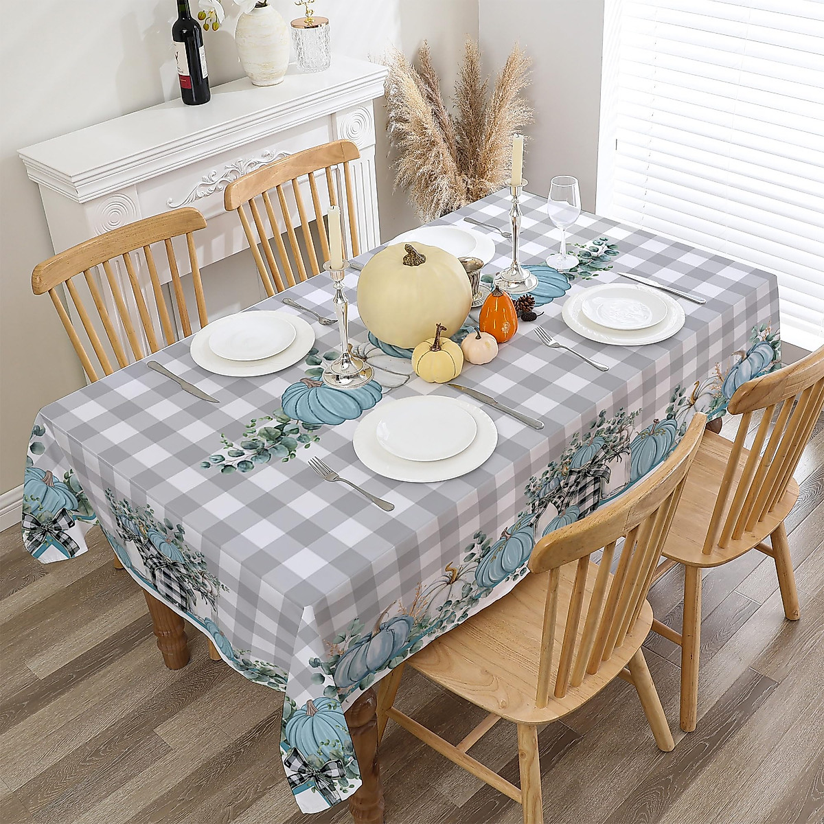cusugbaso Fall Tablecloth 60x84 Inch Rectangle - Eucalyptus Blue Pumpkins Fall Decor for Home - Water Resistant Thanksgiving Table Cloth Rectangle for Party,Dinning,Home