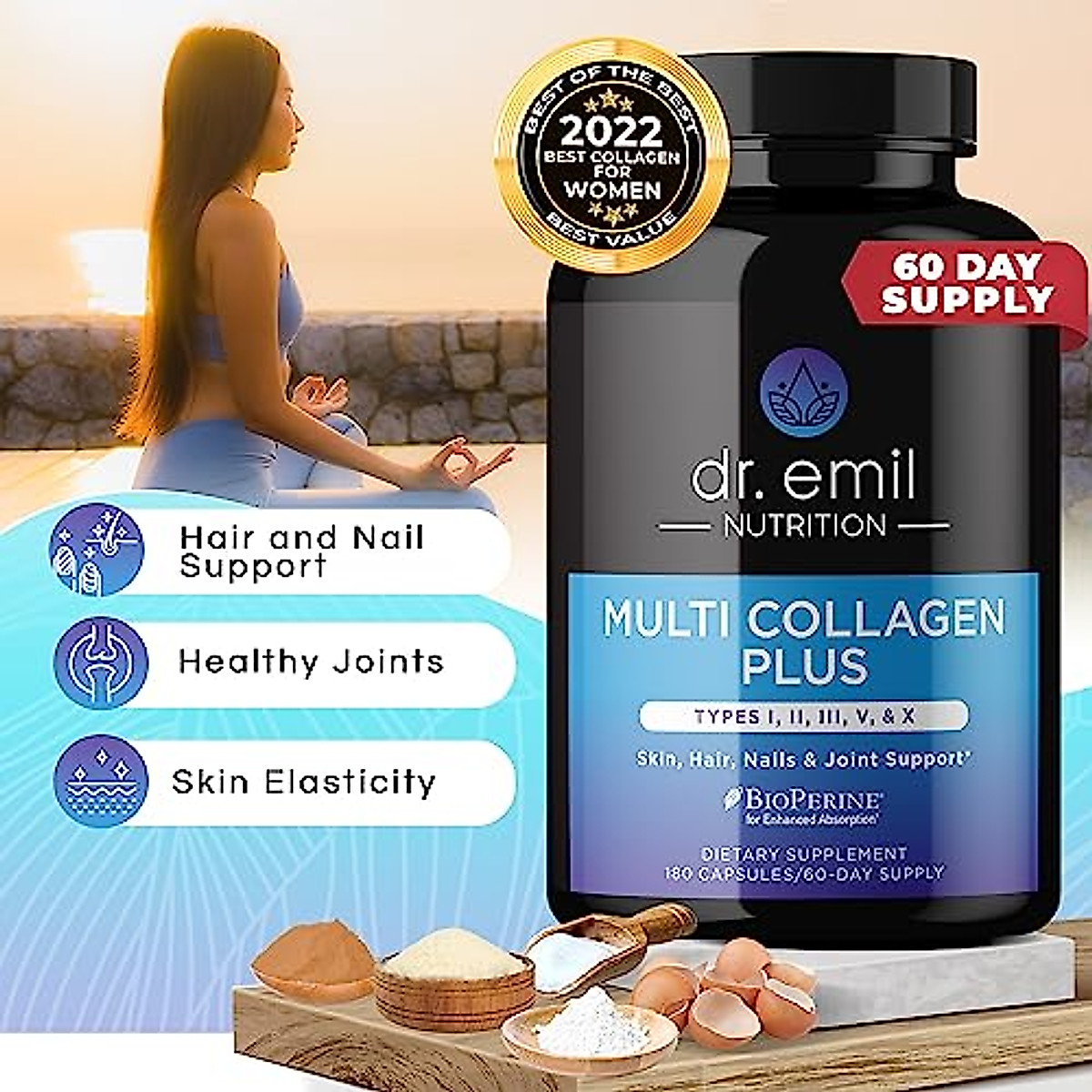 DR. EMIL NUTRITION Multi Collagen Pills - 180 Capsules - Collagen Supplements to Support Hair, Skin, Nails, & Joints - Hydrolyzed Collagen Supplements for Women with Types I, II, III, V & X