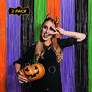Mega-L Halloween Party Decorations, 2 Packs Orange Purple Black Green Photo Booth Props, 3.3 x 6.6 ft Halloween Foil Fringe Curtains with Bats, Photo Backdrop Streamers Halloween Party Supplies