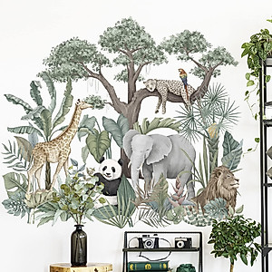 Cartoon Tropical Rainforest Animals Green Plants Wall Stickers, Jungle Giraffe Elephant Panda Lion Leopard Parrot Wall Decals, ZOXILEN DIY Zoo Art Decor for Kids Bedroom Nursery Living Room Home