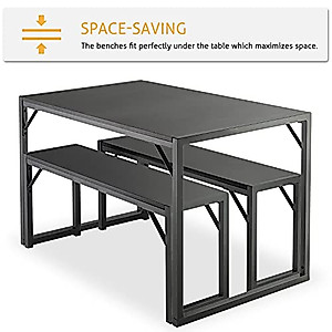 SHA CERLIN 3-Piece Dining Table Set with 2 Benches, Rustic Kitchen Table Set for 4-6, Space-Saving Dinette, Sturdy Structure, Easy Assemble, Black/Grey