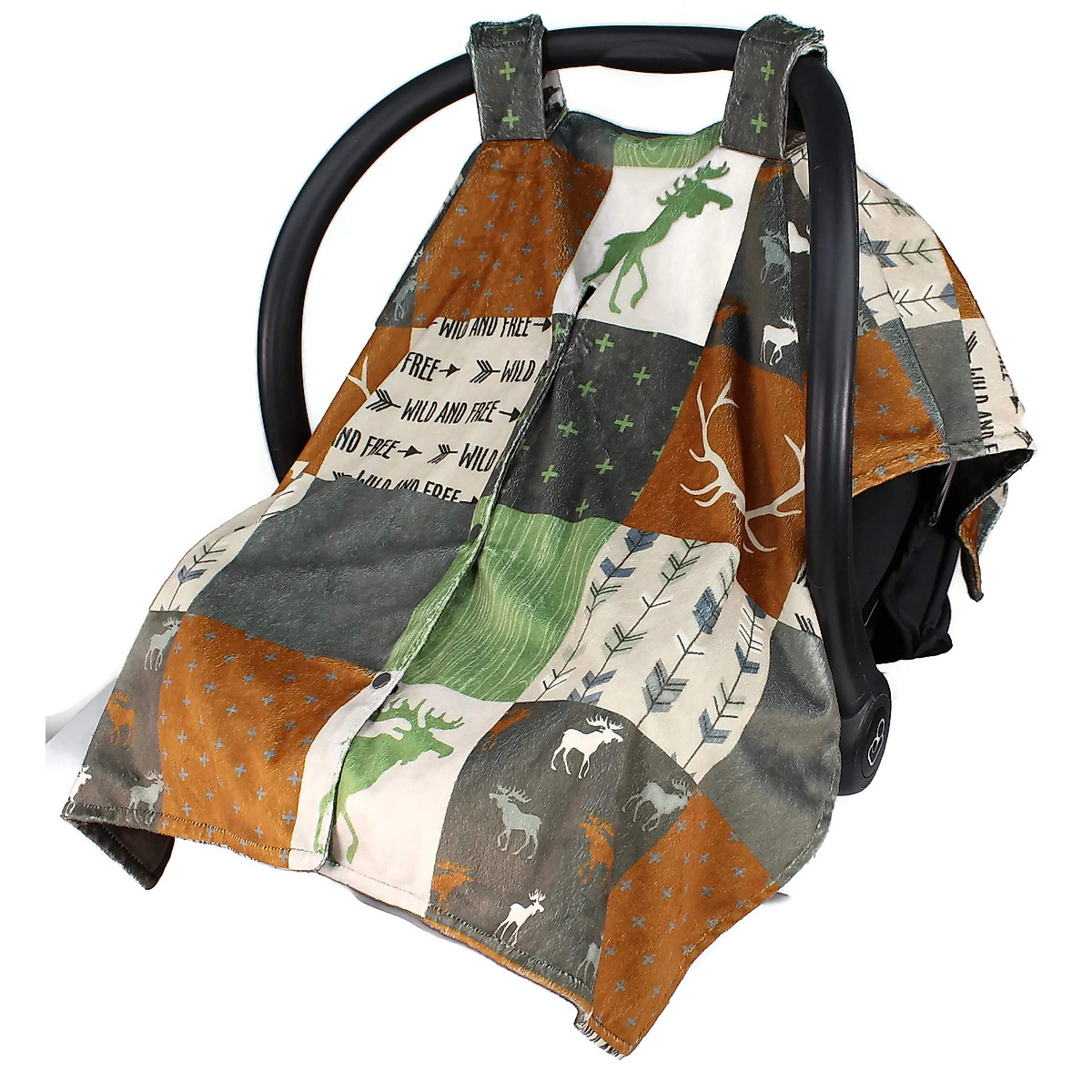 Dear Baby Gear Deluxe Reversible Car Seat Canopy, Custom Minky Print, Faux Quilt Rust Adventure and Moose on Brown