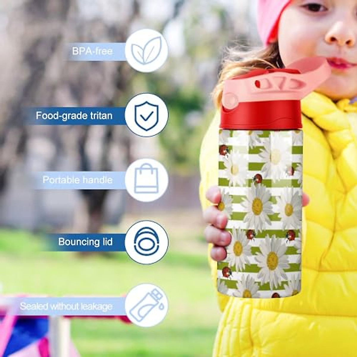 Kids Water Bottle with Straw Lid White Daisies And Ladybugs Print 12 Oz/350 Ml Stainless Steel Reusable Thermos Bottles