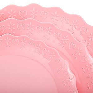 Tosnail 3 Pack 3 Tiers Pink Plastic Cupcake Stand Dessert Stand Tiered Serving Trays with 3 Styles Gold Rod, Party Serving Trays Fruit Pastry Holders for Wedding and Party - Heart and Flower Embossed