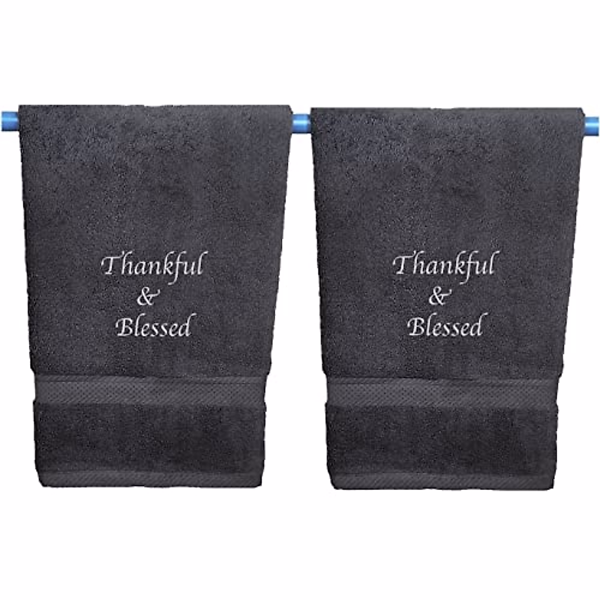 Liberty21 Embroidered Hand Towels with Inspirational Message: Thankful & Blessed (1 Set of 2 Hand Towels) for Bathroom, Kitchen or Spa. (Dark Grey)
