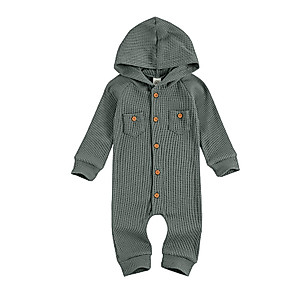 Ynibbim Winter Newborn Baby Boy Girl Solid Romper Unisex Infants Hooded Outfit Clothes Waffle Cotton Button Jumpsuits (Grey, 0-3 Months)