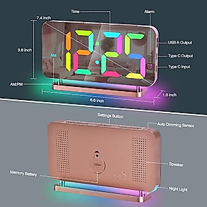 Poeroa RGB Alarm Clock,7.4” LED Mirror Digital Clocks Large Display,with Night Light,USB C Charger Port,Auto Dimmer,Modern Desk Clock for Bedroom Home Office Decor - Rose Gold