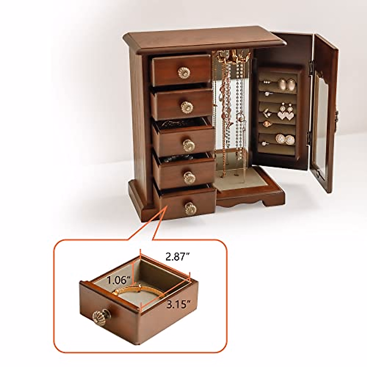 Kendal Wooden Jewelry Box for Women, Solid Jewelry Organizer With 5 Drawer, Wood Jewelry Case with Butterfly Pattern & Mirror for Necklaces, Earring, Rings (Brown with 5 drawer)