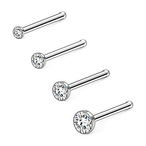 Ruifan 4PCS 18G 316L Surgical Steel 1.5mm 2mm 2.5mm 3mm Jeweled Clear Round Diamond Cubic Zirconia Crystal Nose Bone Studs Rings Pin Piercing Jewelry - Silver
