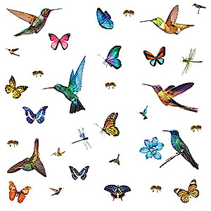 32Pcs Watercolor Butterfly and Hummingbird Stickers, Bee Dragonfly Flower Wall Decals, Self Adhesive Flying Bird Art Decor for Bedroom, Nursery, Kids Playroom