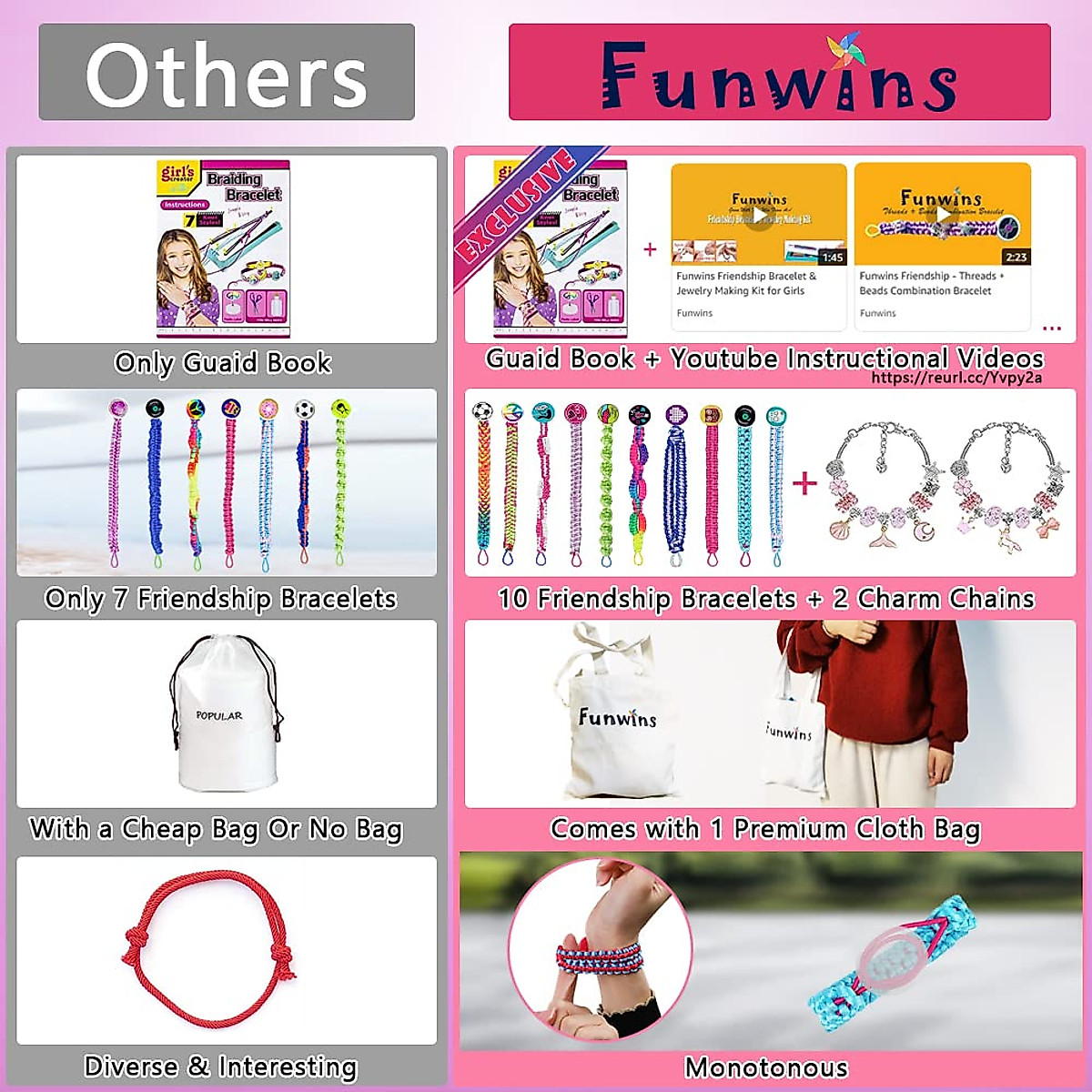 Funwins Friendship Bracelet Making Kit for Girls - Arts and Crafts Jewelry Making Toys for 5 6 7 8 9 10 11 12 Years Old, Gifts for Kids for Christmas, Birthday, Rewarding, and Travel Activity (Pink)