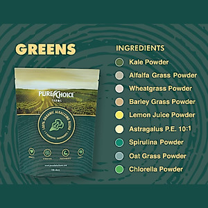 Pure Choice Whey Organic Greens Superfood Powder, USA Grown - Kale, Alfalfa Grass, Wheatgrass, Barley Grass, Astragalus, Spirulina, Oat Grass & Chlorella, USA Grown (10.6 oz, 1 Month Supply)