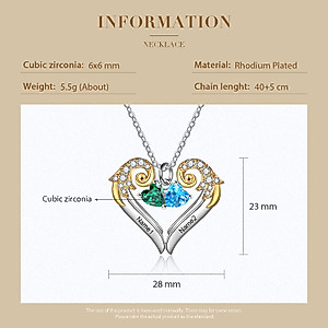 Zomodia Personalized Simulated Birthstone Necklace for Women, Angel Wings Necklace Custom Mom Necklace with Names Engraved Heart Promise Pendant for Her (2 stones)