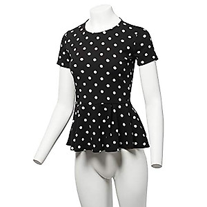 SSOULM Women's Classic Stretchy Short Sleeve Flare Peplum Blouse Top BLACKPOLKADOT L
