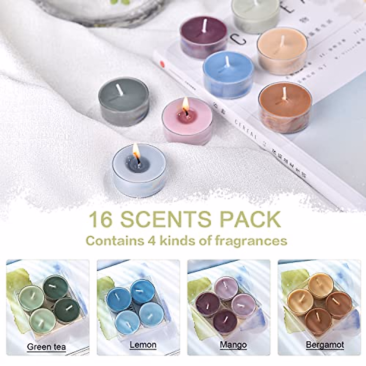 Sungmor 16 Pack Tea Lights Scented Candles, Small Premium Scented Tea Warmer Candles, Aromatherapy Relaxing Mini Tealight Candles for Beauty Salon Home Office, 100% Natural Soy Wax No Lead Smokeless