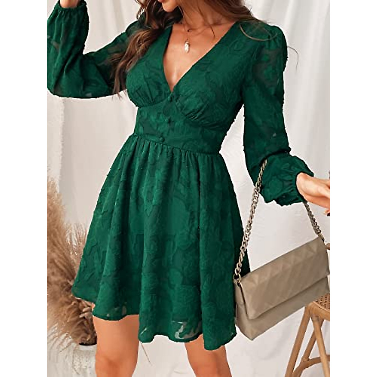 CUPSHE Women's Lace Mini Dress Long Sleeve Floral Print A Line Dress for Party Bodycon Dress