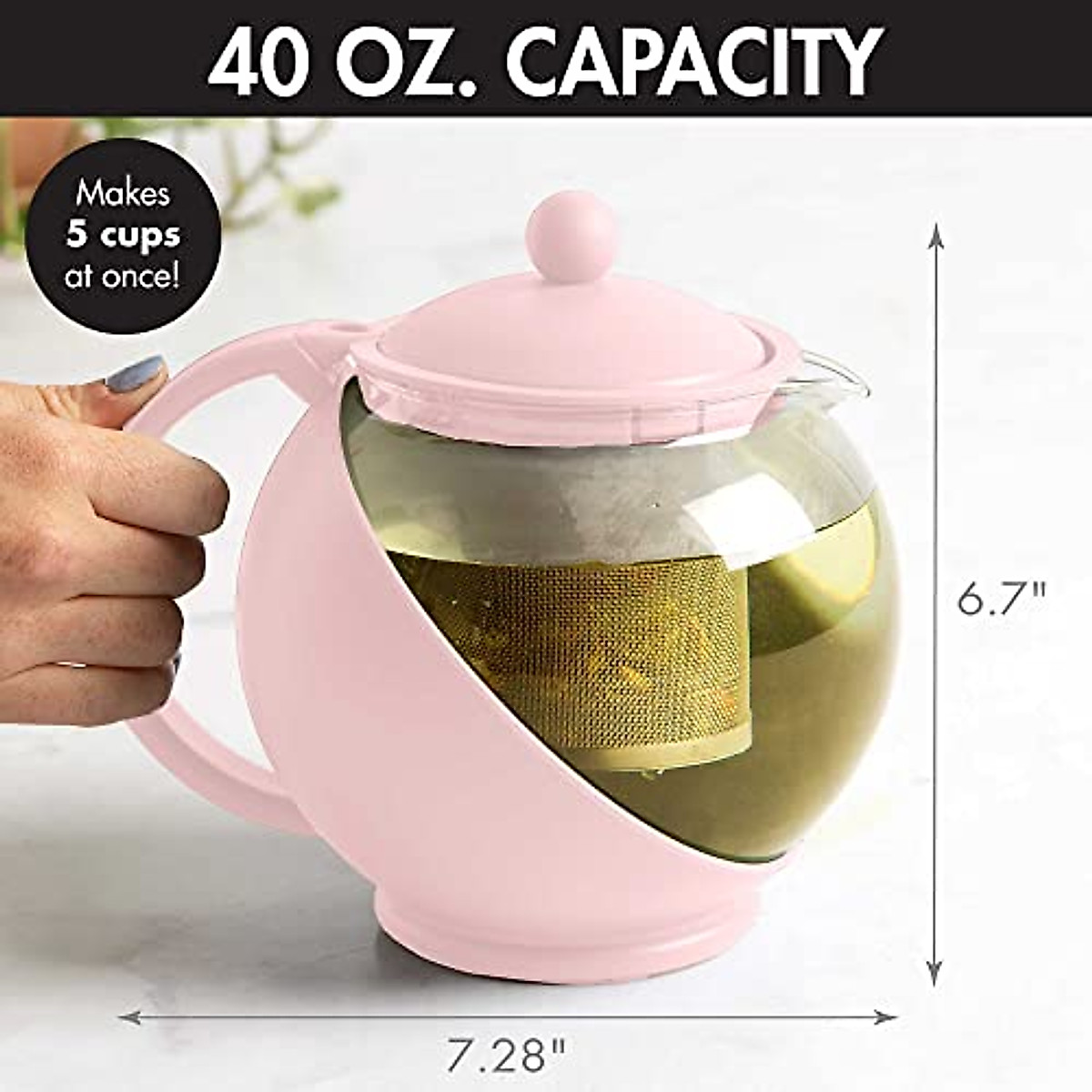 Primula Half Moon Teapot with Removable Infuser, Glass Tea Maker, Reusable, Fine Mesh Stainless Steel Filter, Dishwasher Safe, 40-Ounce, Pink