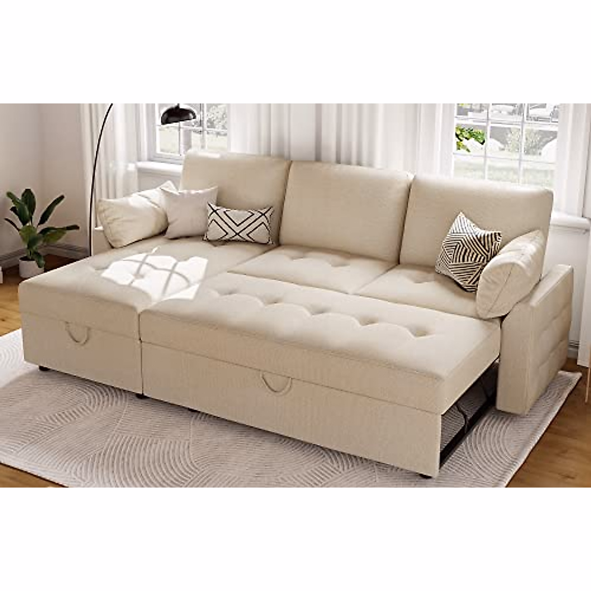 PaPaJet Pull Out Sofa Bed, Modern Tufted Convertible Sleeper Sofa, L Shaped Couch with Storage Chaise, Chenille Sectional Bed for Living Room (Beige)