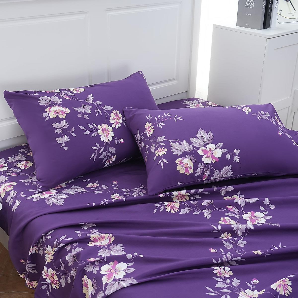 MEISHANG Queen Sheet Set - Floral Sheets Deep Pocket Ultra Soft Brushed Microfiber with Up to 16" Mattresses - Wrinkle Free - 4 Pieces(Queen,Purple Floral)