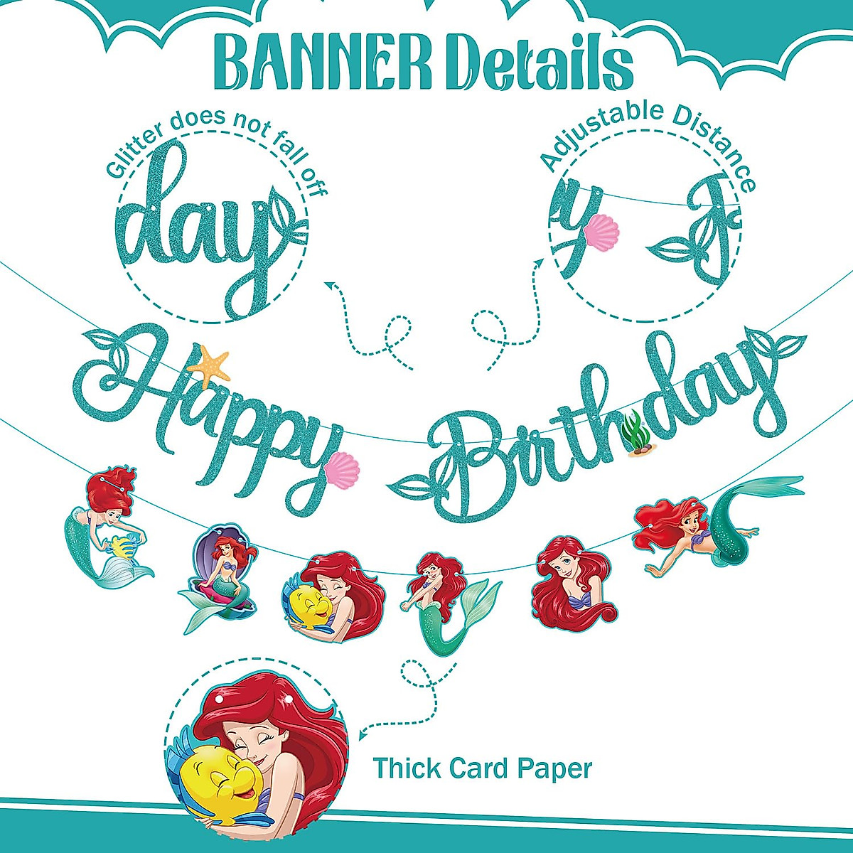 Little Mermaid Birthday Banner, Mermaid Ariel Birthday Banner, Mermaid Birthday Party Supplies Decorations for Girls Boys Birthday Party Baby Shower Cartoon Sign Decorations