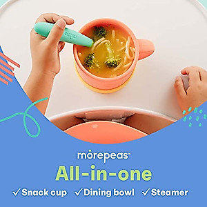 morepeas All-in-One Snack Cup & Bowl | Steam, Strain & Snack | Reversible Lid & Suction Base | No Mess Catcher Lid | Easy Grip Handle | Dishwasher, Microwave, Freezer Safe Silicone | Melon