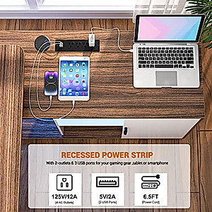 Unikito L Shaped Desk with File Cabinet and Power Outlet, 55 Inch Large Corner Computer Desks with LED Light Strip, L-Shaped Computer Desk with Door and Storage Shelves for Home Office, Walnut & White