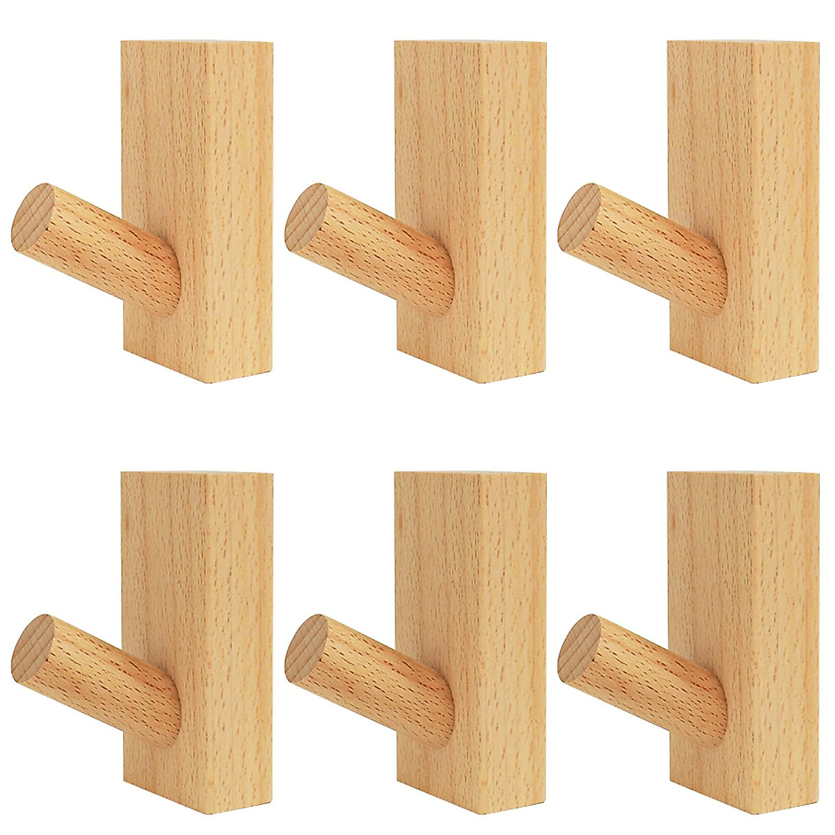 DINGEE Wall Hooks for Hanging Heavy Duty 6 Pack Wood Coat Hooks Wall Mounted, Adhesive Wall Hooks for Hat, Towel, Purse, Cloth, Plants, Bag,Natural Wooden Utility Hooks for Hanging