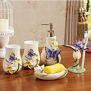FORLONG Ceramic Bathroom Accessory Set Dancing Butterfly Ceramic 5 Pieces Set,Including Toothbrush Holders,2 Gargle Tooth-Brushing Cups,Soap Dishes,Soap & Lotion Dispenser