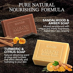 SHVYOG 4 Pcs Mens Soap, Mens Bar Soap, Natural Soap for Men, Cold Pressed Handmade Exfoliating Soap, Deep Cleansing, Moisturizing Bar Soap for Body & Face - Sandalwood Amber, Mint, Charcoal, Turmeric