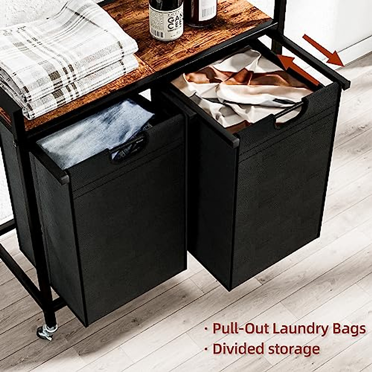 Laundry Hamper, Laundry Basket with 2 Pull-Out and Removable Bags, Rolling Laundry Sorter Cart with Wheels, Top Shelf, 2 × 13.2 Gal (50L) Versatile Organizer for Laundry Room, Bathroom, Black