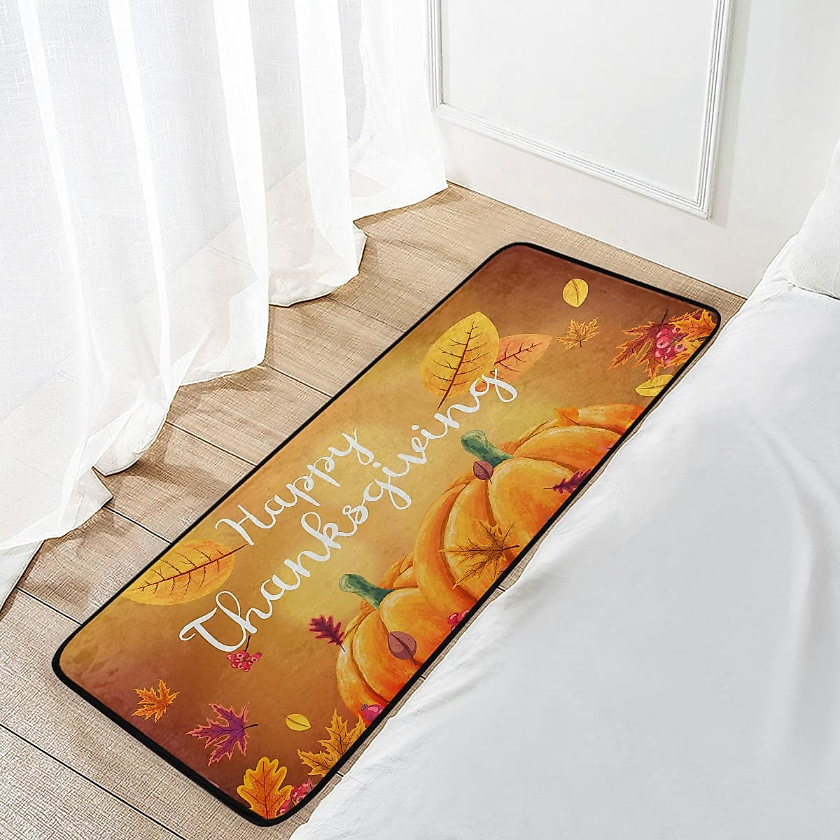 Kitchen Rug Happy Thanksgiving Background with Stylized Autumn Leaves and Pumpkin Door Mat Bath Rug Home Decor Floor Mat Non-Slip Carpet for Kitchen Living Bedroom 39 x 20 Inch
