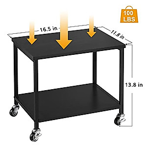 Under Desk Printer Stand, 2 Tier Printer Cart with Wheels and Wood Storage Shelf and Industrial Home Desktop Printer Table Stand for Office Scanner Rustic Black