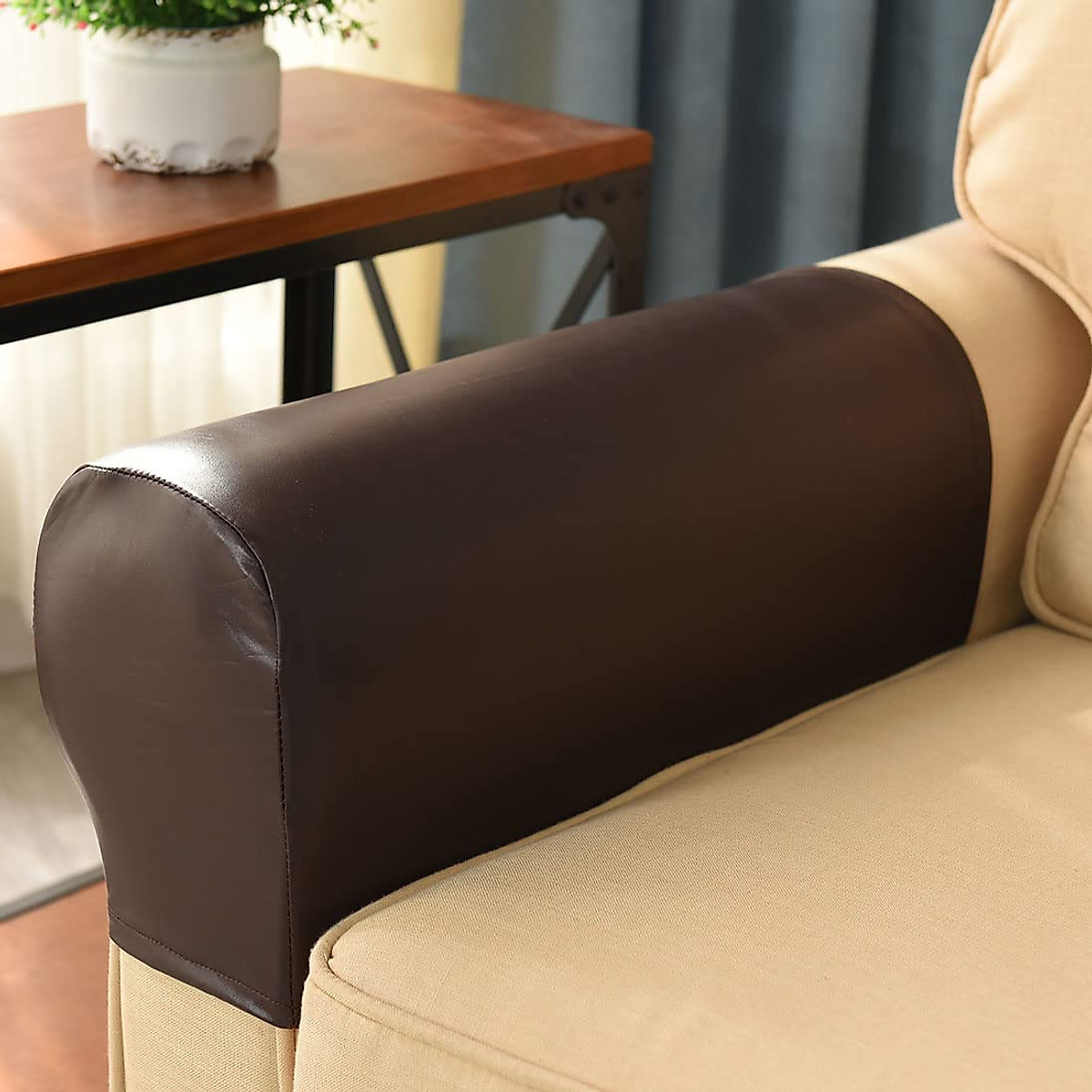 vctops Waterproof Faux Pu Leather Armrest Covers Vintage Stretch Arm Covers for Chairs Couch Sofa Armchair Slipcovers for Recliner Sofa 2pcs, Dark Coffee