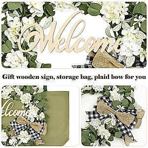 Waipfaru Eucalyptus Wreaths for Front Door, 20'' Green Outdoor Christmas Wreath with Welcome Sign and White Hydrangea for Fall Thanksgiving Decorations Home Wall Front Porch Window Patio Garden Decor