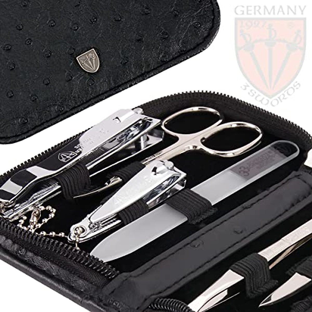 3 Swords Germany - brand quality 8 piece manicure pedicure grooming kit set for professional finger & toe nail care scissors clipper fashion leather case in gift box, Made in Solingen Germany (22009)