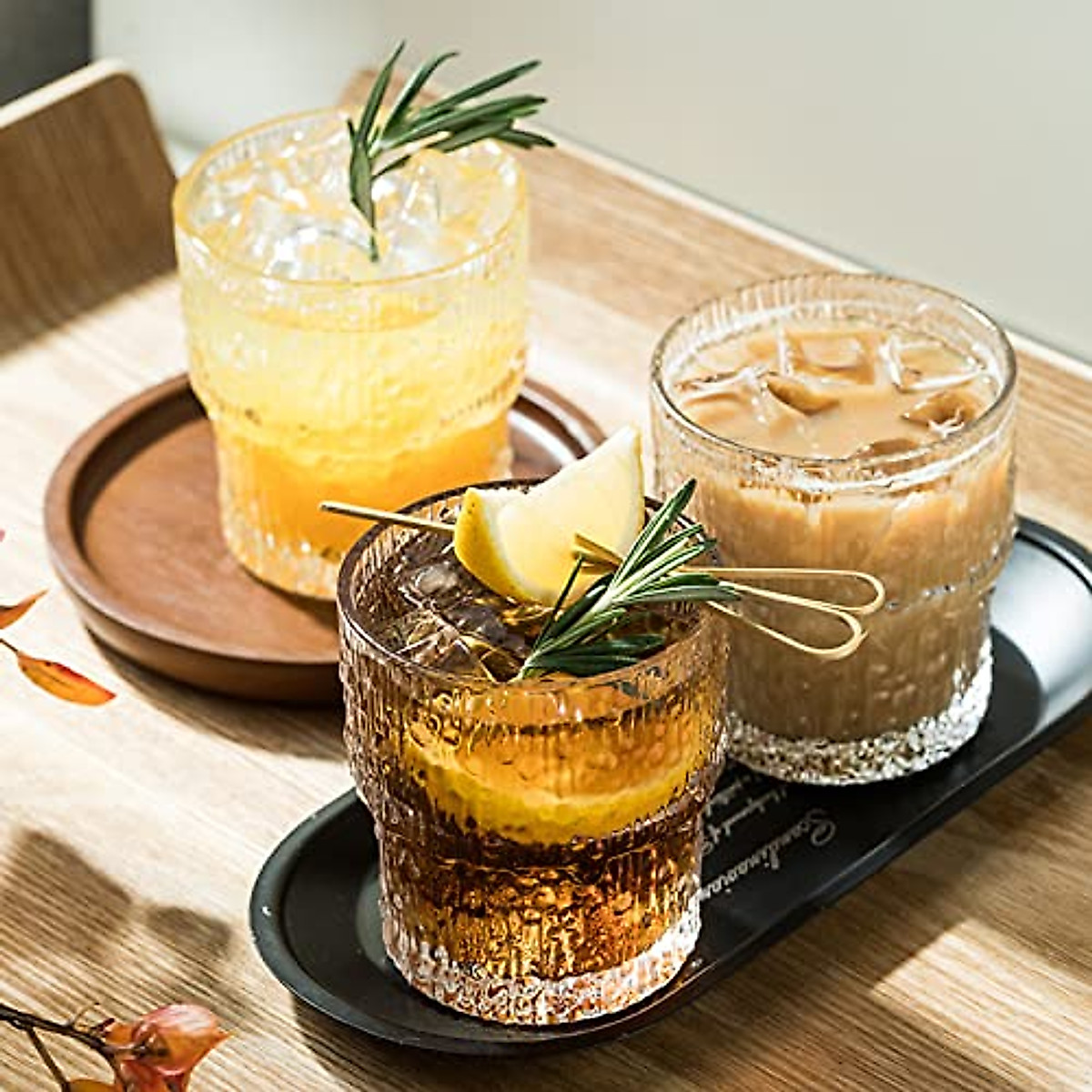 Glass Cups Old Fashioned Glasses Set of 2, Raindrop Origami Style Rocks Cocktail Glasses, Ripple Vintage Glassware Set for Bar Beverages, Ice Coffee, Whiskey, 220ml, In Gift Box