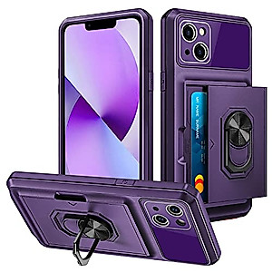 Vofolen for iPhone 13 Case Wallet Cover Credit Card Holder ID Slot Sliding Door Hidden Pocket with 360°Swivel Kickstand 3 in 1 Hybrid Bumper Rugged Phone Case for iPhone 13 6.1 inch 5G GreyPurple