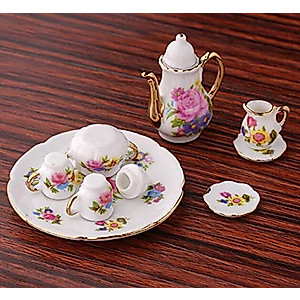EatingBiting Collection Level 1:12 Elegant Flora Miniature Mini House Porcelain Tea Dish, Teapot, Cup, Plate Craft Set, DIY Scene Home Furniture Accessories