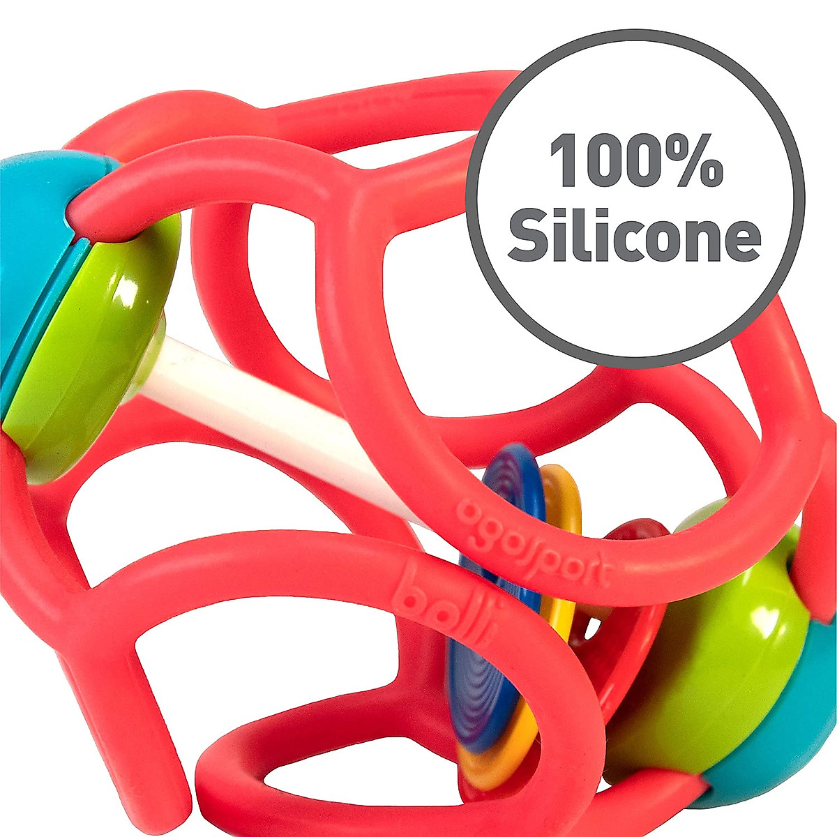 OgoBolli Rattle & Teether Toy for Babies - Tactile Sensory Ball - Stretchy, Soft Non-Toxic Silicone - Ages 6 Months and up - Red