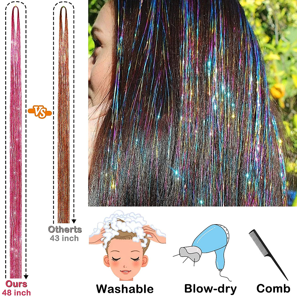 Hair Tinsel Kit (48 Inch,14 Colors, 3500 strands), Tinsel Hair Extensions with Tools, Heat Resistant Fairy Hair Tinsel Kit for Women Hair Accessories